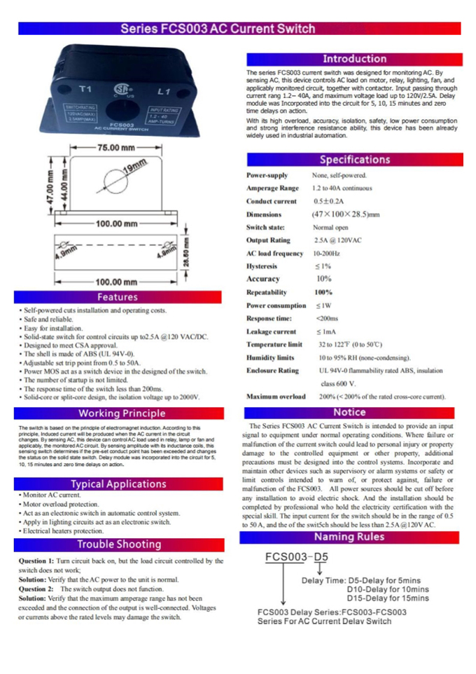 FCS003 Current Switch, Delay type, AC Type and DC Type，0.5-50A